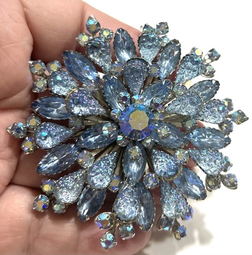 Vintage High End Designer Brooch Pin Huge Sliver Tone Blue Iridescent ...
