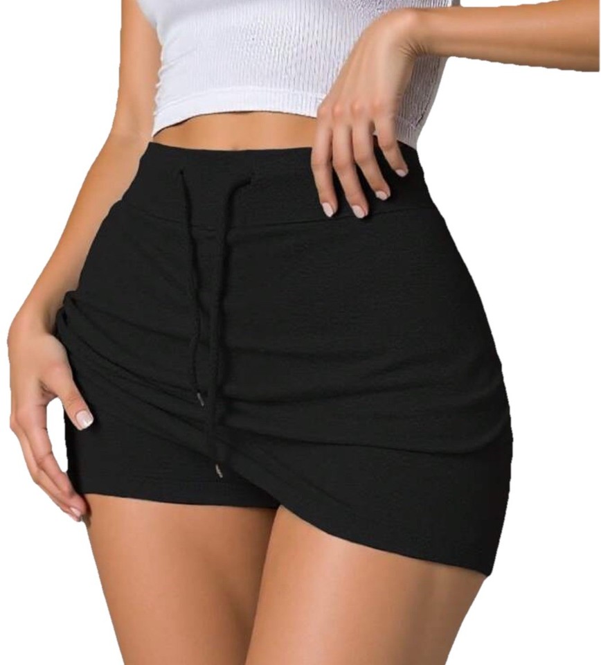 Raver Black Drawstring Low Rise Stretch Micro Mini Skort Skirt Going ...