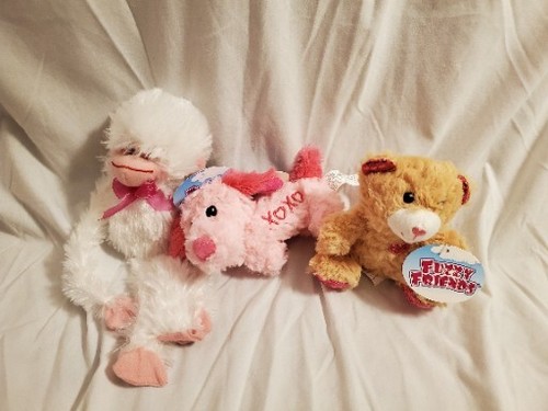 Lot Of 3 Fuzzy Friends Stuffed Animals-Monkey, Heart Bear, Love Dog ...