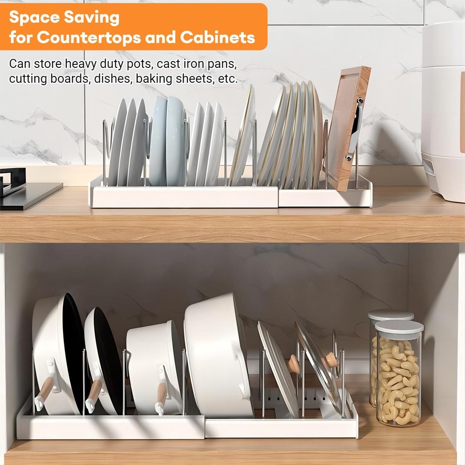 Expandable Pot and Pan Organizer Rack for Cabinet, Pot Lid Organizer ...