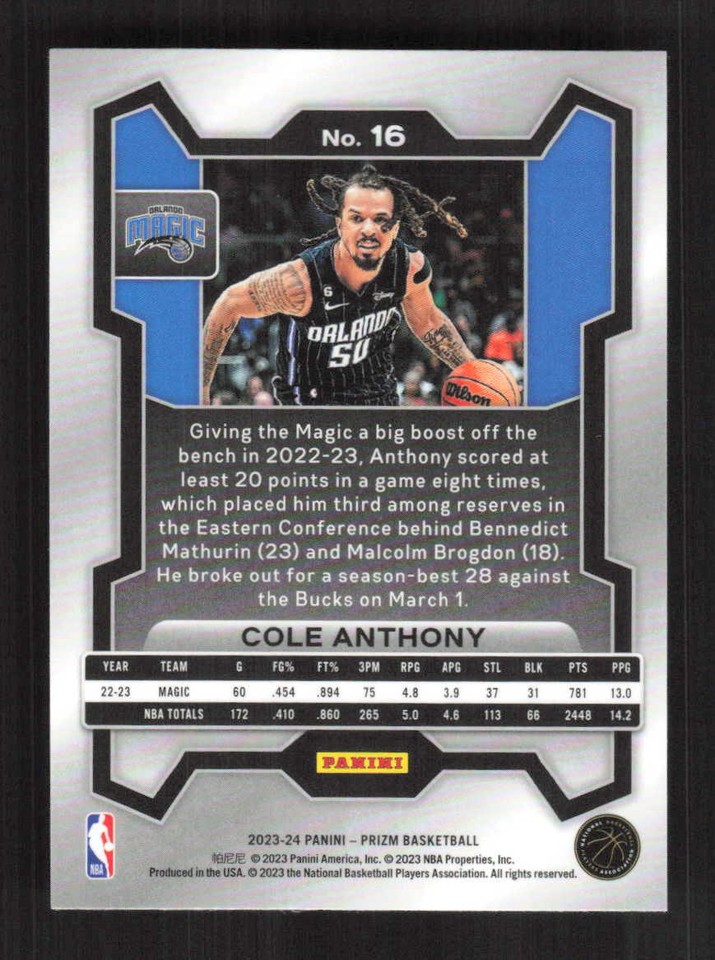 Cole Anthony 2023-24 Panini Prizm Orlando Magic #16 | eBay
