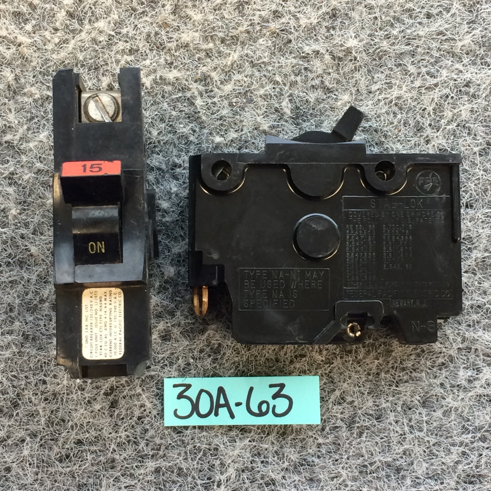 Lot of 2 Federal Pacific 15 Amp 1 Pole Type NA Circuit Breaker FPE ...