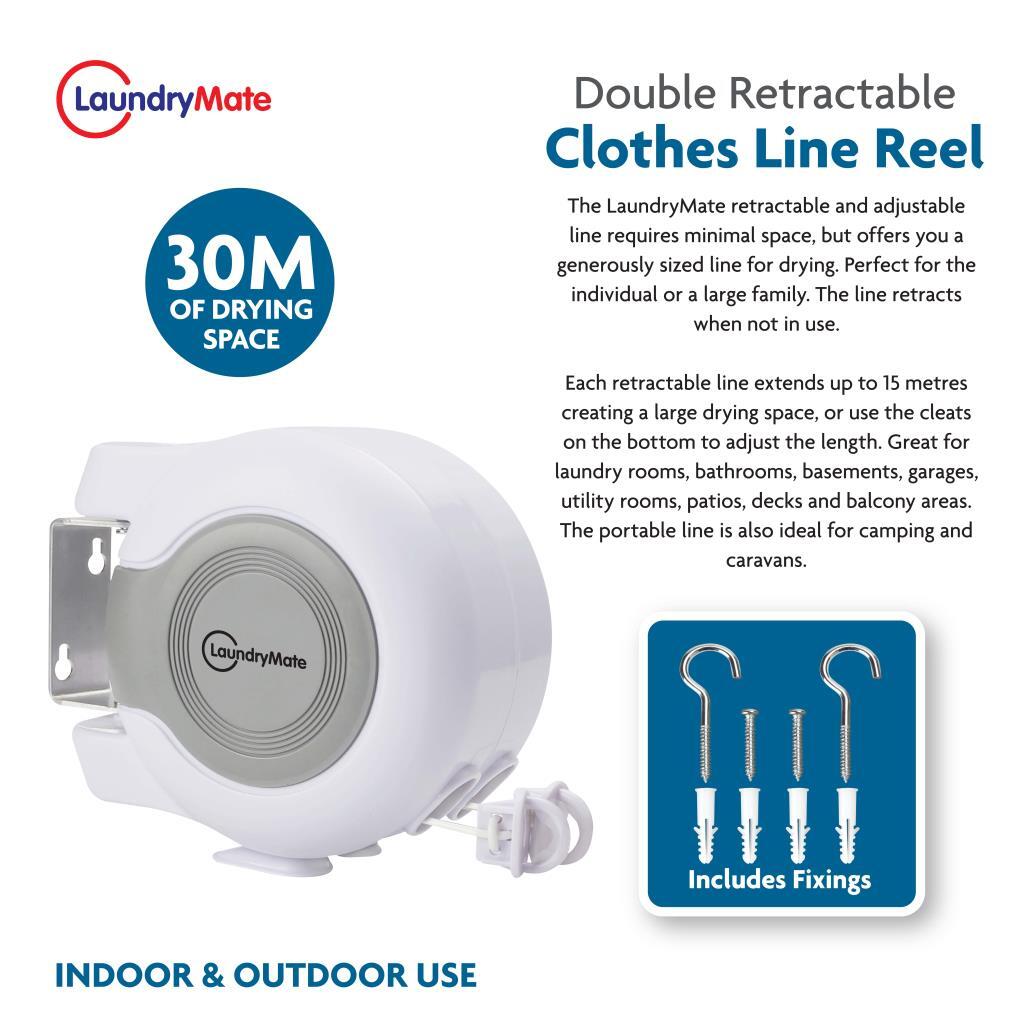 30m Retractable Clothes Reel Double Washing Line Wall Mounted Outdoor ...