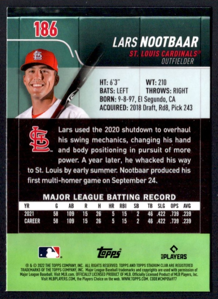 Lars Nootbaar 2022 Topps Stadium Club Chrome Rookie Card RC #186 St ...