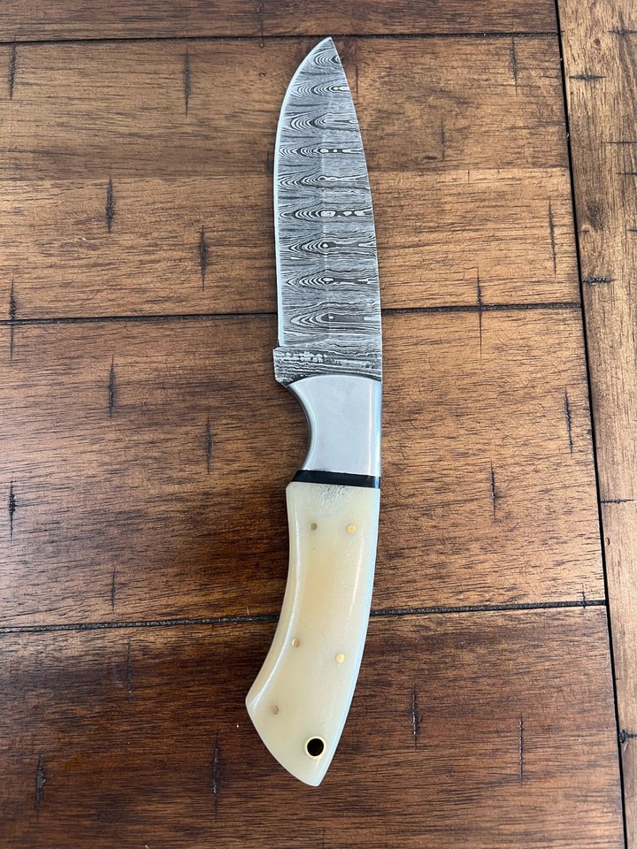 CUSTOM HANDMADE DAMASCUS BONE HANDLE KNIFE WITH PREMIMUM LEATHER SHEATH ...