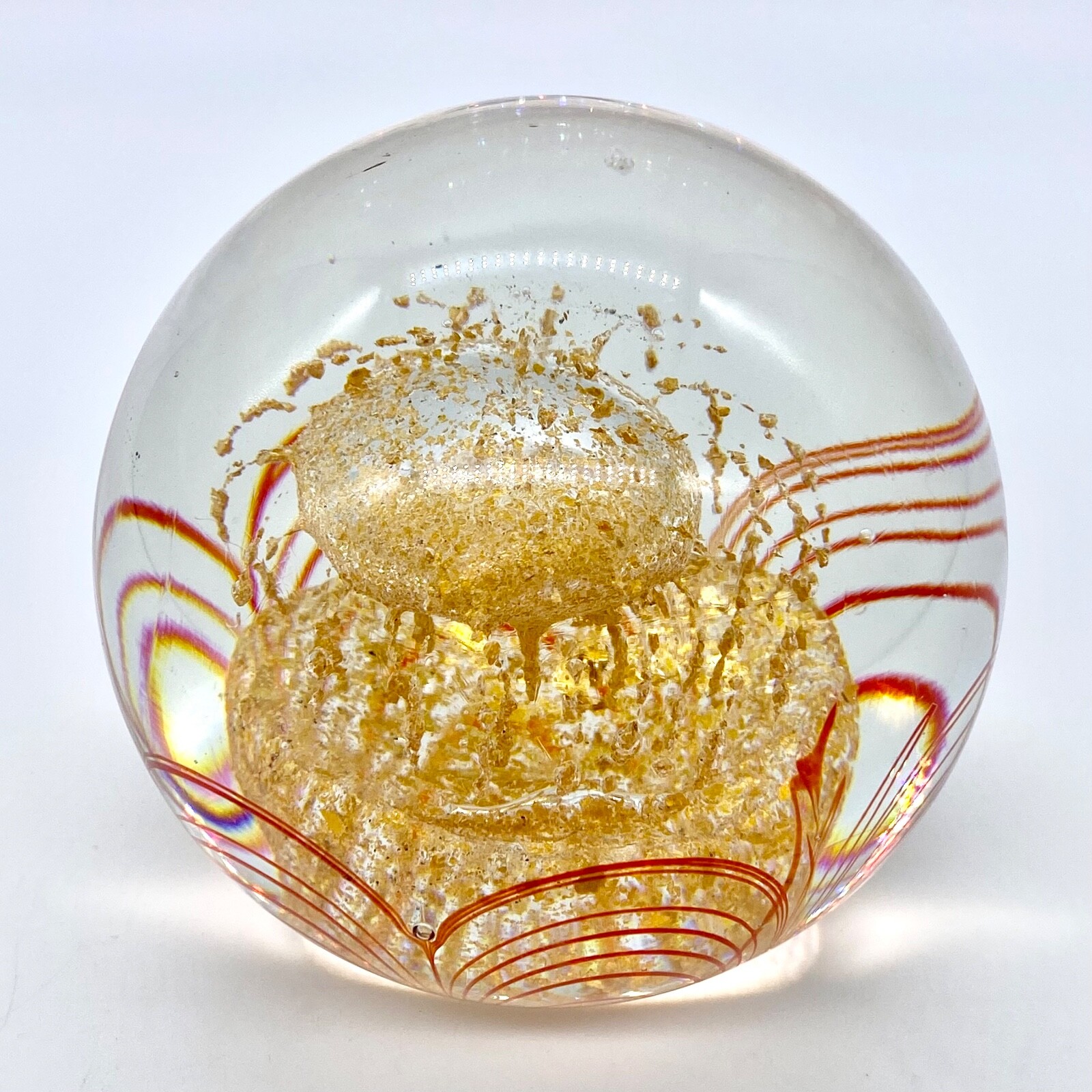 STUNNING! Art Glass 4" Paperweight Sphere Ball Orb Gold Glitter Bubble ...