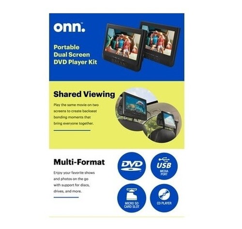 Onn 10" Dual Screen Portable DVD Player Kit with Storage Bag ...