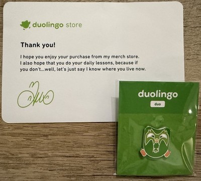 Duolingo Duo Owl Squee Happy Face Enamel Pin With Thank You Card | eBay