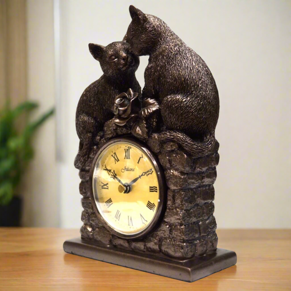 Bronze Effect Cat Couple Mantel Clock Unusual Unique Juliana Figurine ...