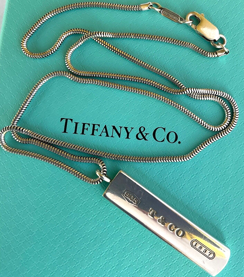 Tiffany & Co Sterling Silver 1837 Bar Pendant 18" Snake Chain Necklace ...