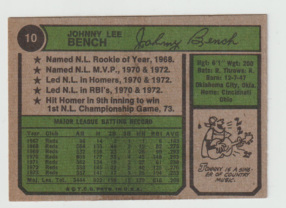 1974 TOPPS JOHNNY BENCH #10 NM/NM+ REDLEGS HOFer | eBay