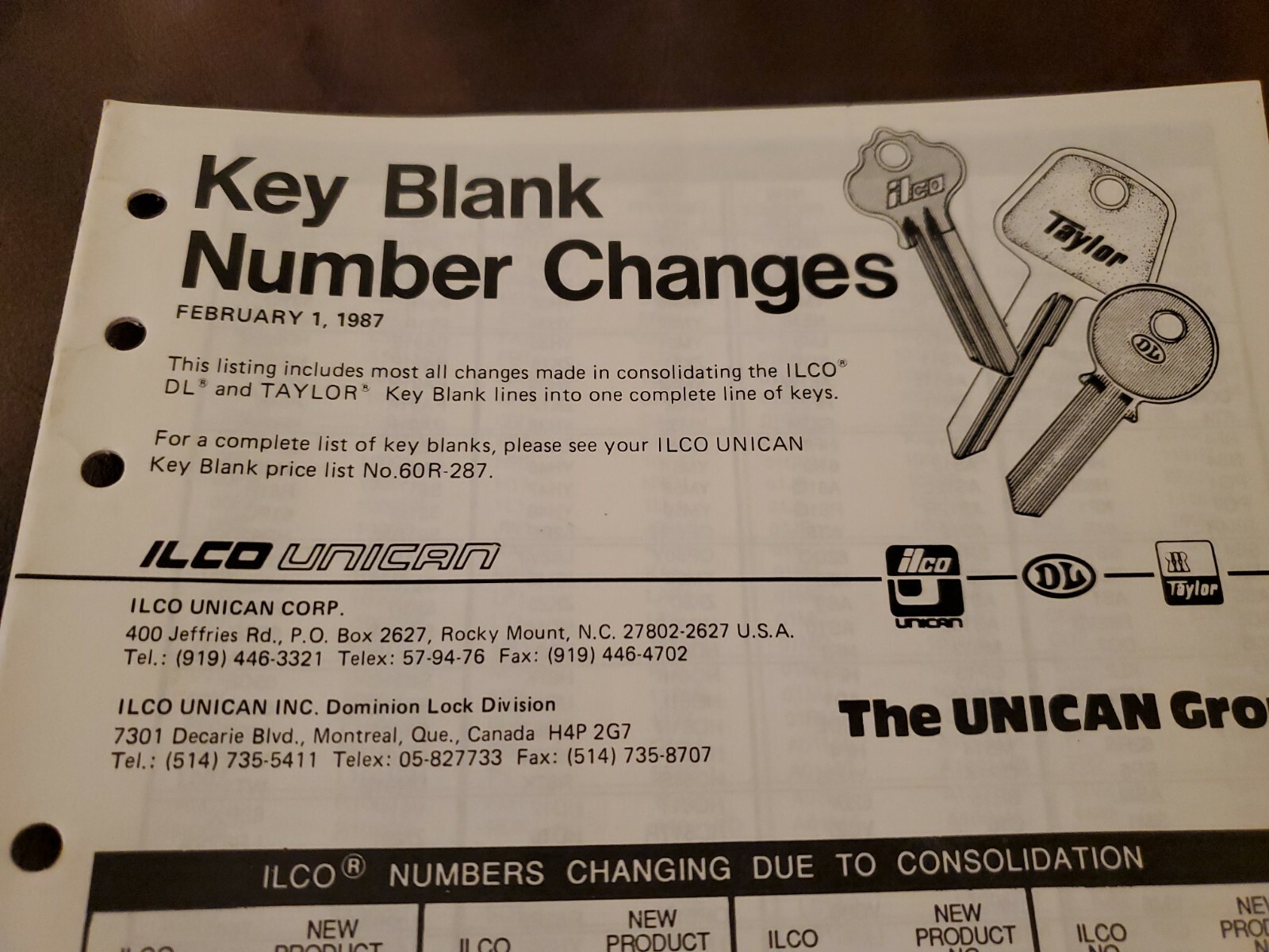 Ilco Unican Key Blank Number Changes, 1987 | eBay
