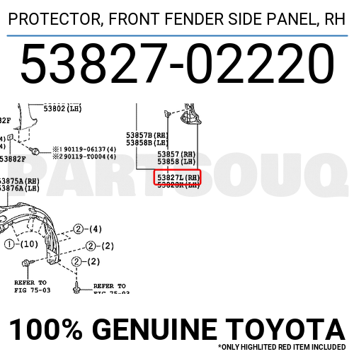 5382702220 Genuine Toyota PROTECTOR, FRONT FENDER SIDE PANEL, RH 53827 ...