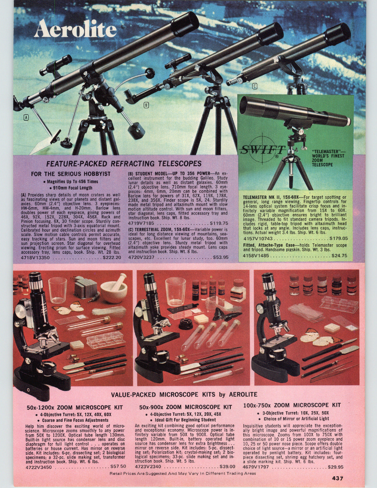 1972 PAPER AD Aerolite Swift Telescope Microscopes Bausch Lomb Hertel ...