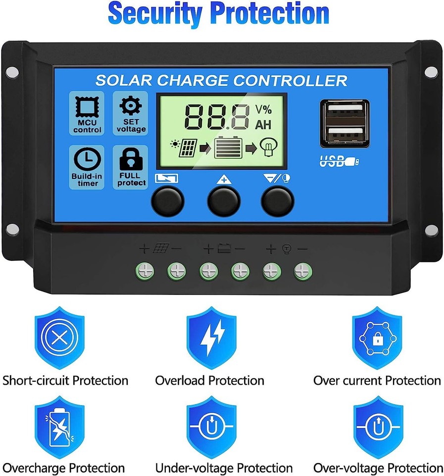 30A Solar Panel Battery Charge Controller 12V/24V LCD Regulator Auto ...