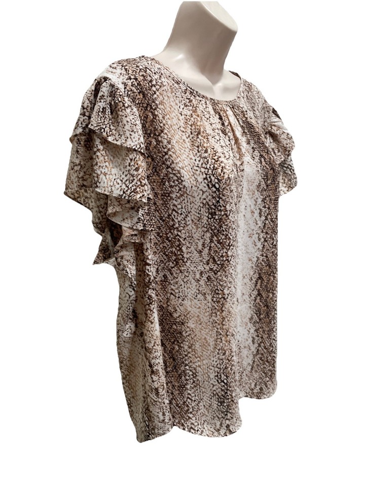 NWT Cooper & Ella Short Ruffle Sleeve Tan Brown Snake Print Blouse Plus ...