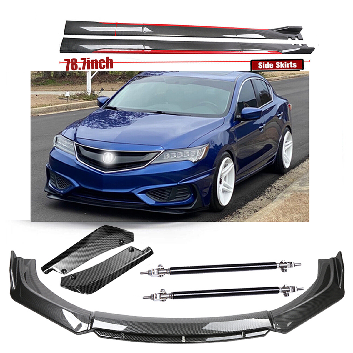 For Acura ILX 13-19 Front Rear Bumper Lip+78.7"Side Skirt Extension ...