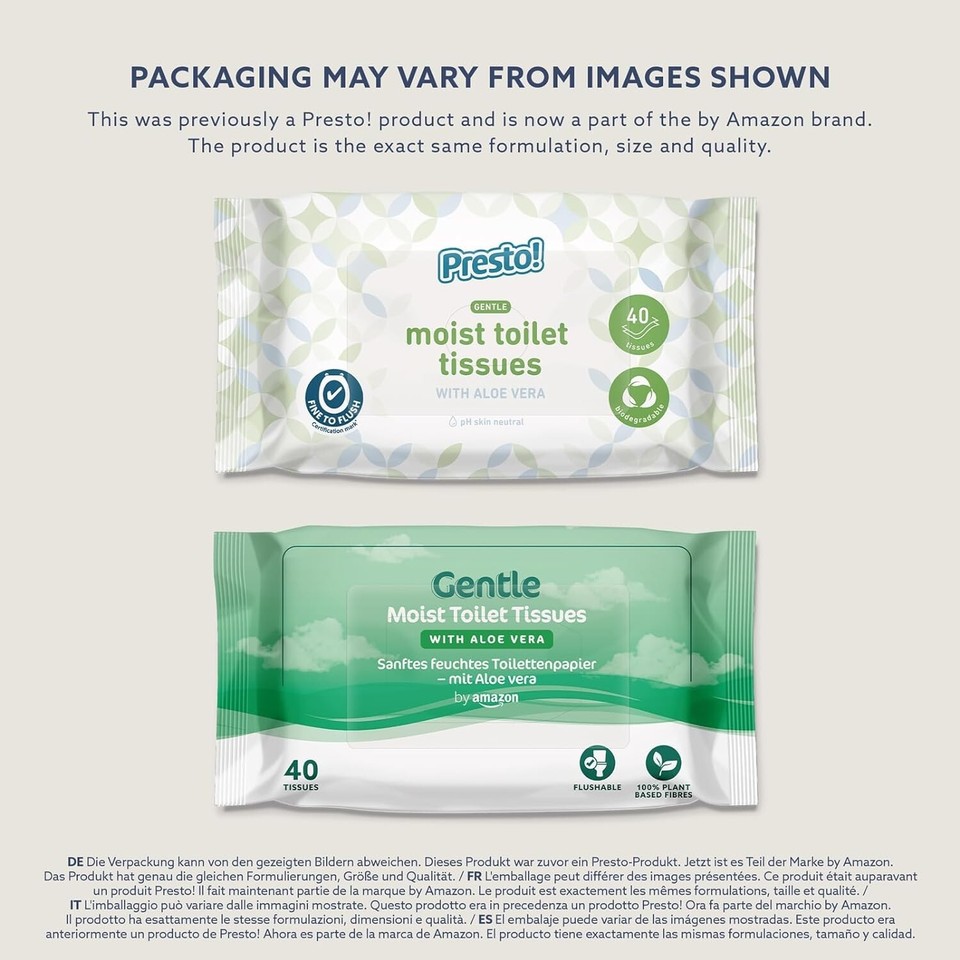 Gentle (Presto) Moist Toilet Tissues-Aloe Vera-Fine to Flush-40 tissues ...