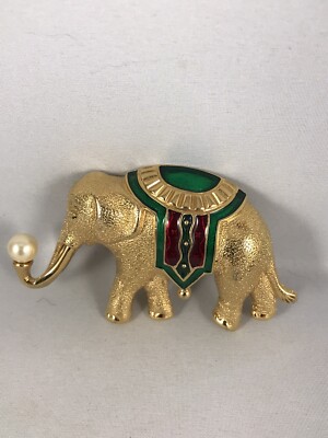 Vintage Monet Gold Tone Enamel Faux Pearl Metal Elephant Brooch Pin ...