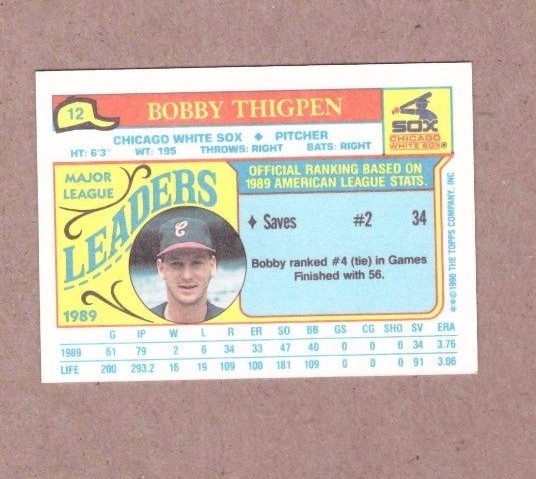 1990 Topps Baseball Card Mini Leaders #12 Bobby Thigpen Chicago White ...