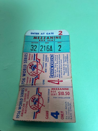 1956 WORLD SERIES GAME 4 TICKET YANKEES DODGERS mezzanine box seat ...
