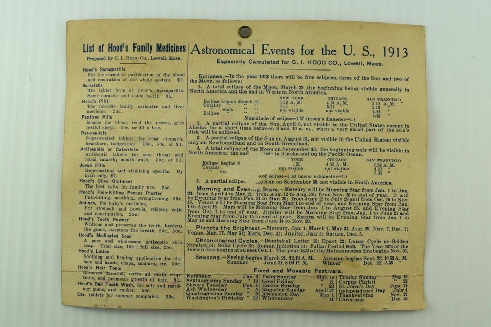 Hood's 1913 Calendar Top Astronomical Events On Back Children Kittens ...