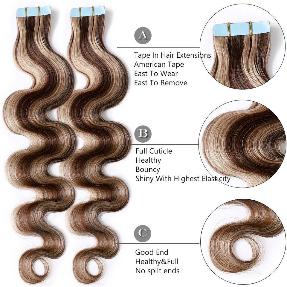 Thick Wave Tape In Skin Weft Remy Human Hair Extensions Full Head 10/20 ...