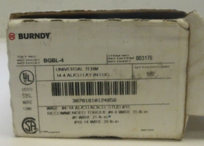 BURNDY CAT NO: BGBL4 14-4 AL/CU LAY IN LUG #4-14 AL/CU AL9CU STUD #4-6 ...