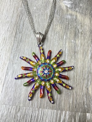Large Sun Jeweled Bedazzled Pendant Necklace Silver Chain Included | eBay