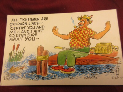 Bob Petley fishing comic postcard All fishermen are goldarn liars ...