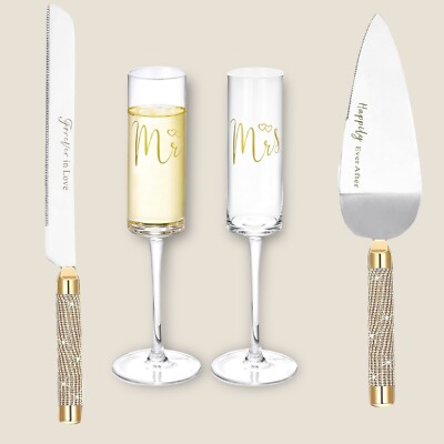 Wedding Cake Knife and Server Set and Champagne Flutes Gold Jeweled ...