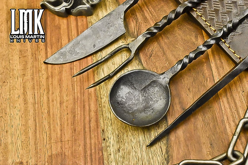 LMK Custom Antique Table Set AUS-8 Steel Hammered Pattern Lot of 4 ...