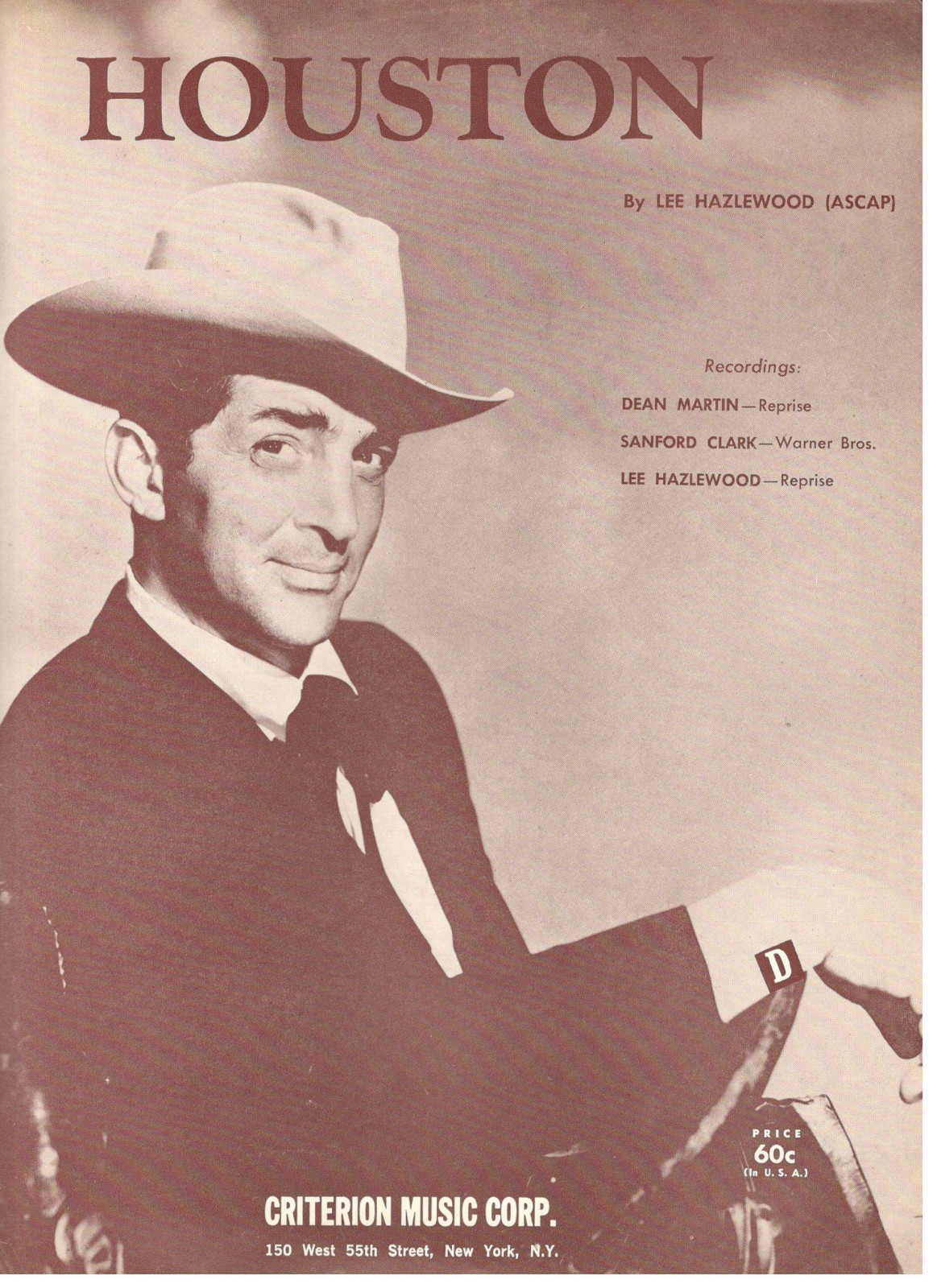 DEAN MARTIN "HOUSTON" SHEET MUSIC-PIANO/VOCAL/GUITAR-1965-RARE-BRAND ...