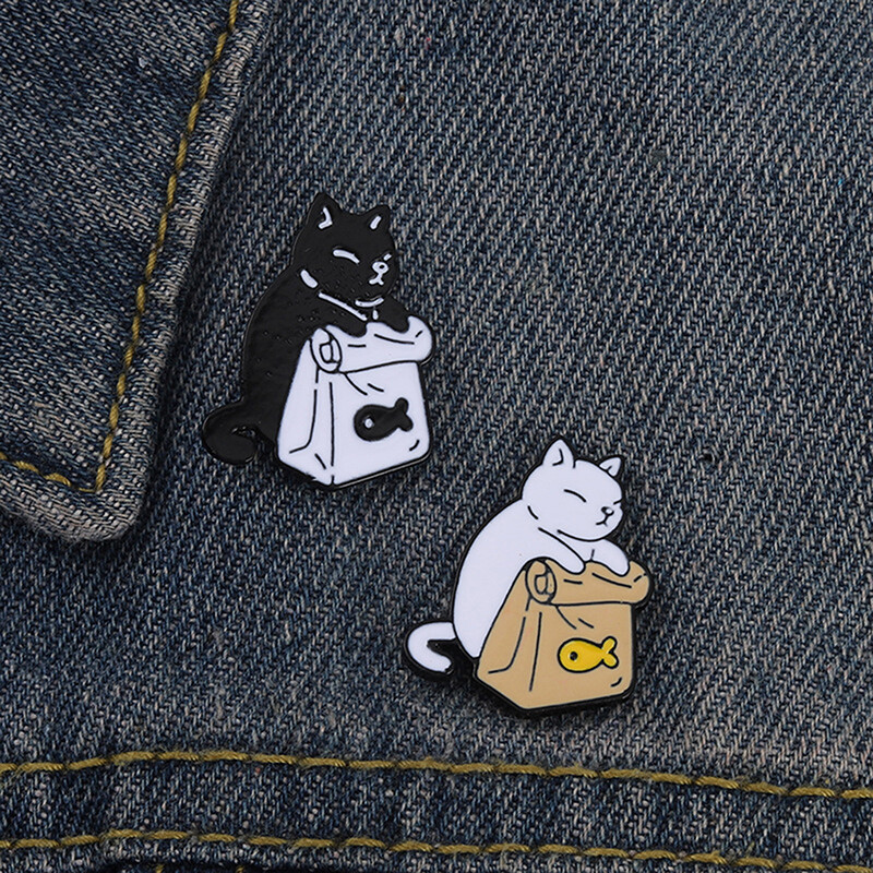 Feed Myself Enamel Pins Cute Black White Cat Dried Fish Bag Brooches ...