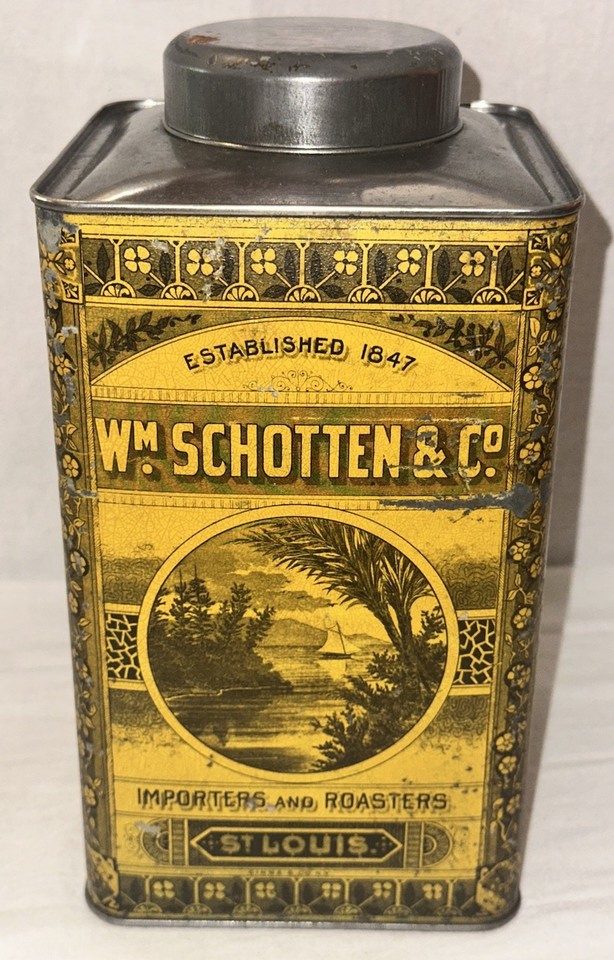 ANTIQUE WM SCHOTTEN COFFEE ROASTER TIN LITHO CAN EARLY ST LOUIS MO ...