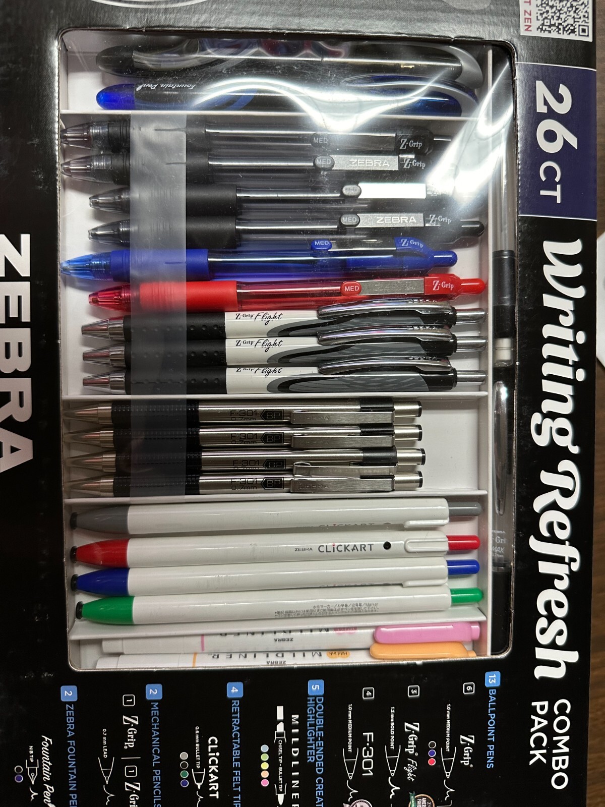 Zebra Writing Refresh Combo Pack Z-Grip F-301 Mildliner Fountain Pens ...