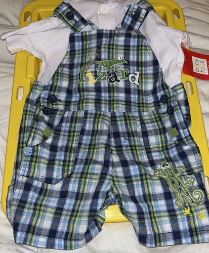 Baby Togs Bib Overalls Green Blue Plaid Lizard 6-9 Months New Collared ...