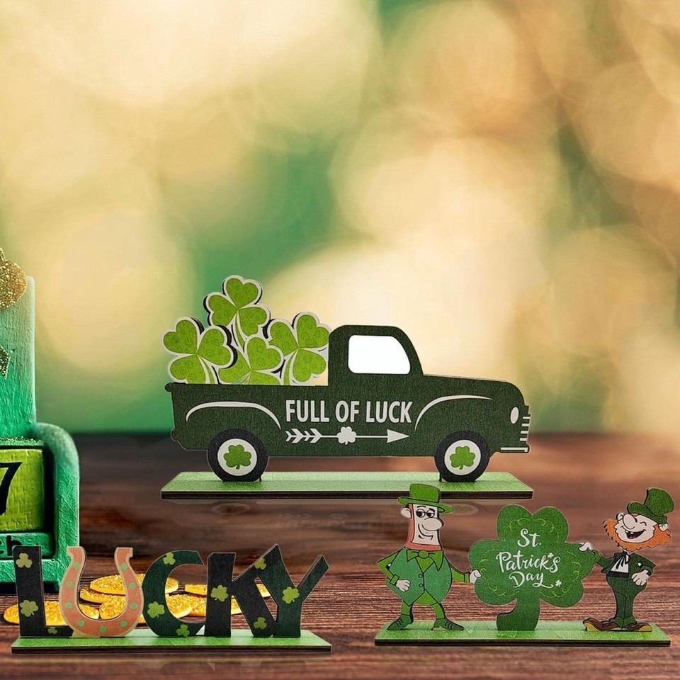 Green Lucky Clover Truck Wooden Desktop Shelf Decor 3 Piece Set for ...