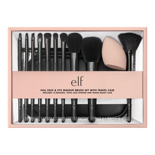 e.l.f. Full Face & Eye Makeup Brush Set with Travel Case, 11 Face & Eye ...