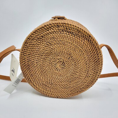 Koret Brown Rattan Straw Tan Lined Circle Crossbody Bag Leather Strap ...