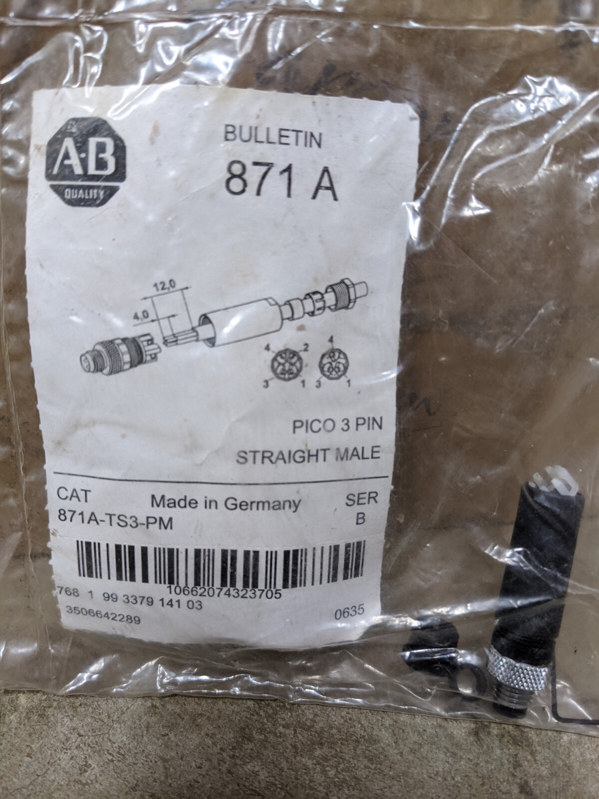 Allen Bradley AB 871A-TS3-PM Ser B Pico 3 Pin Straight Male Connector ...