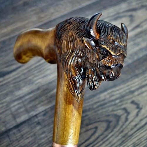 Walking Stick Cane Wooden Walking Cane Handmade Hand Carving Bison ...