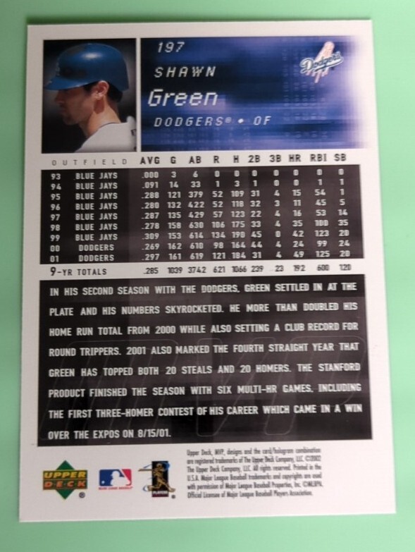 2002 Upper Deck MVP Baseball Card #197 Shawn Green - Los Angeles ...
