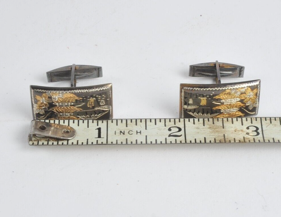 Vintage Japan Pagoda Inlay Men's Cuff Links Mount Fuji Sterling Mark ...