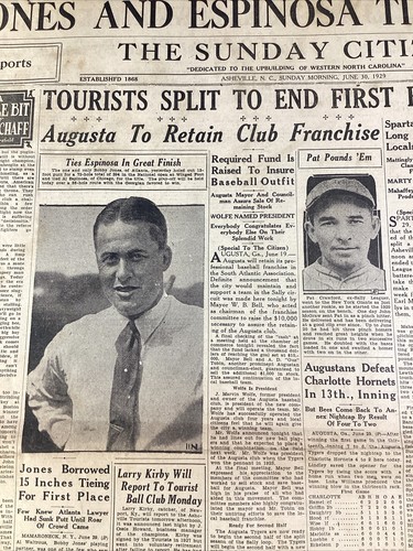 Bobby Jones Ashville NC Newspaper June 30, 1929 US Open Espinosa Babe ...