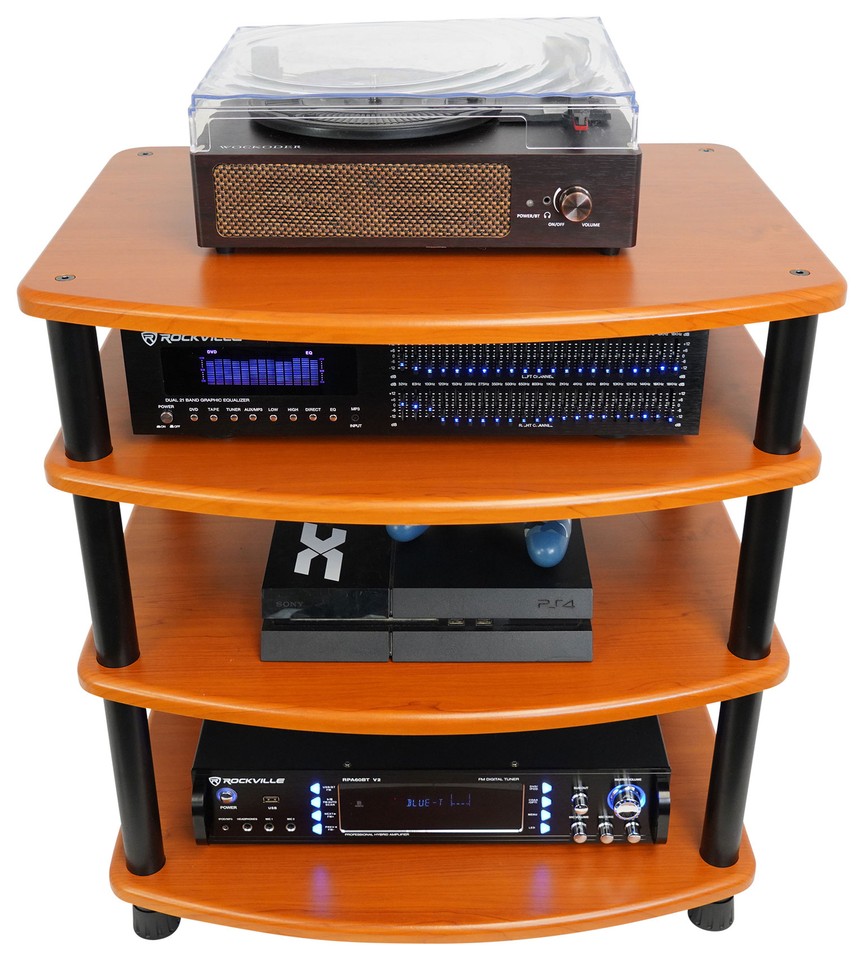Rockville FLX Classic Wood Adjustable Height 4 Shelf Home Theater A/V ...