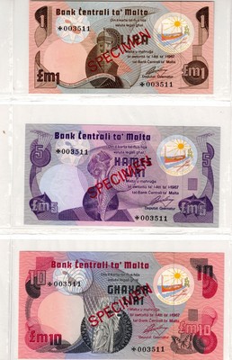 1979 Malta Specimen banknote set P34, P35, P36 Franklin Mint Matching ...