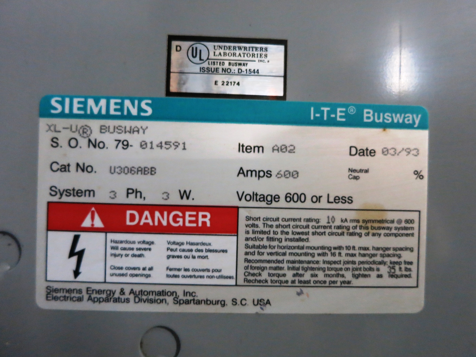 Siemens XL-U Busway U306ABB 600A 3PH 3W 600V End Tap Box Bus Bar Duct 600 Amp | eBay