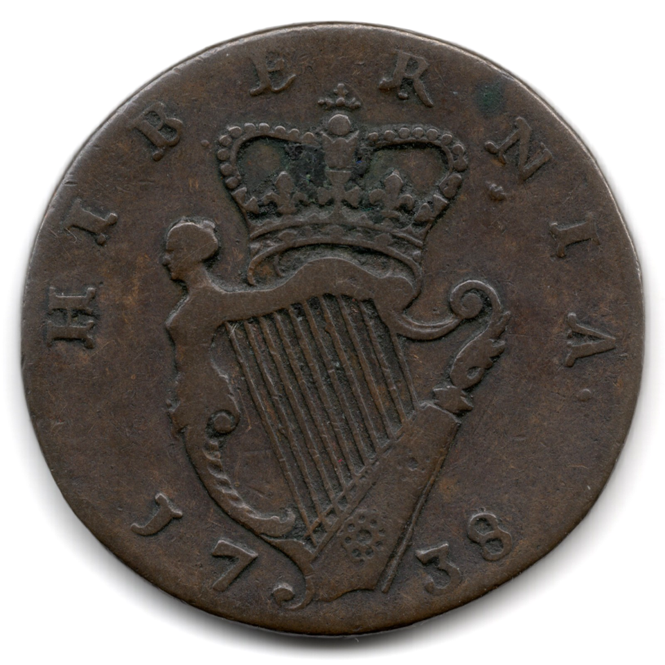 1738 FARTHING COIN HIBERNIA IRELAND KING GEORGE II COPPER FINE TYPE 1 ...