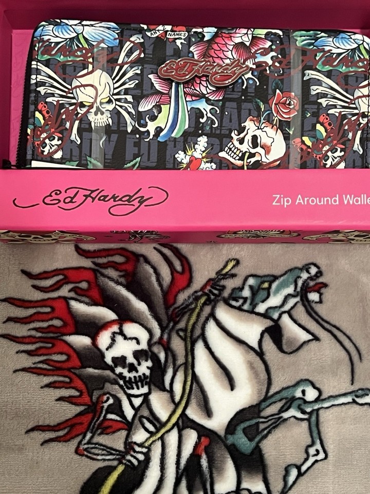 Ed Hardy Gift Set Zip Wallet Y2K Flowers Skull Butterfly Print & Key ...